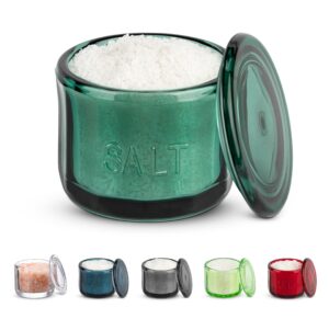 kook glass salt cellar, with lid, embossed pressed glass, clear storage container, for coffee, sugar, spices and candies, 10 oz (emerald green)