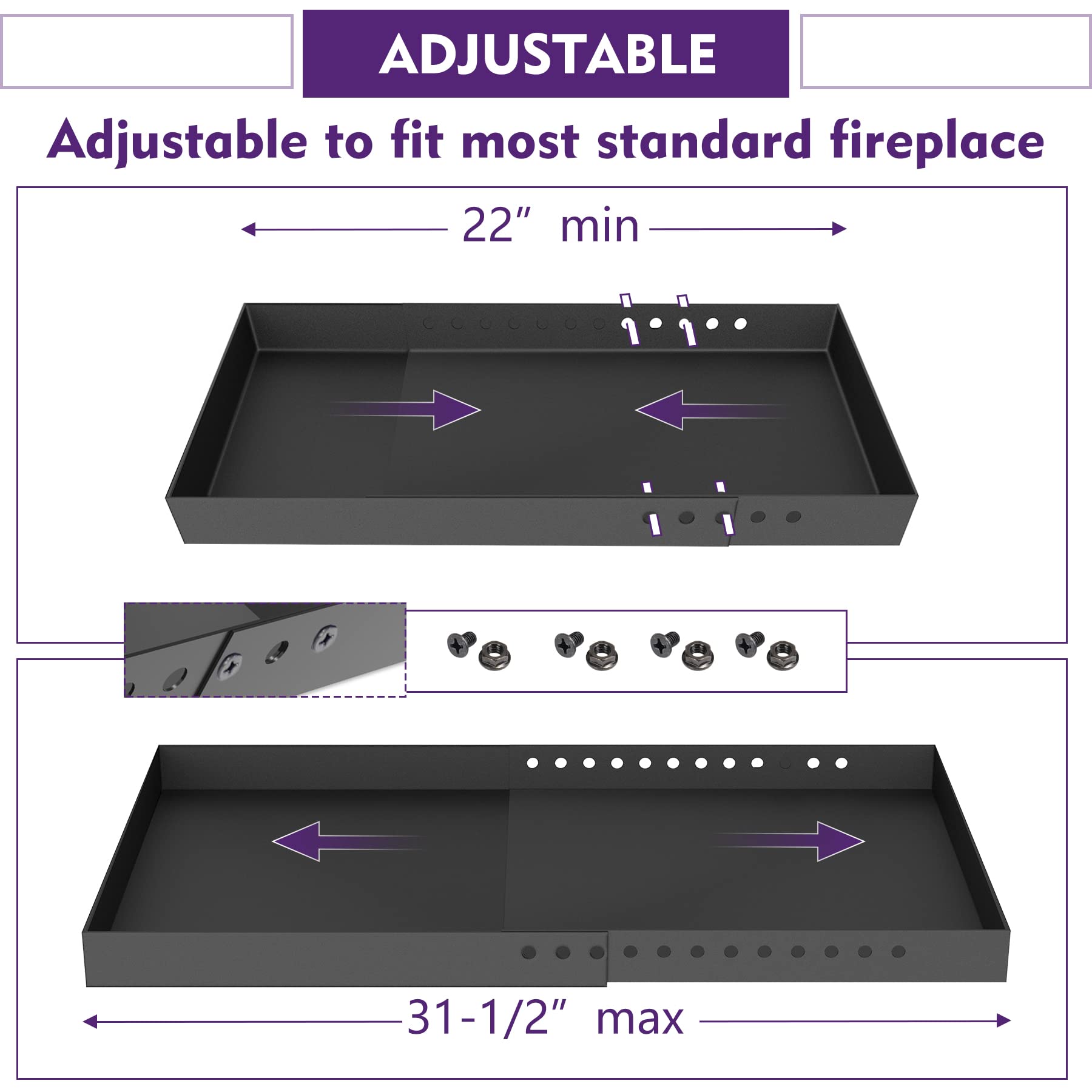 Mxclimate Fireplace Tray Ash Pan,Adjustable Black Ash Pan with Handles for Inside Fireplace.Expandable Galvanized Steel Ember Holder Fireplace Pan for Ash Collection,Rectangle