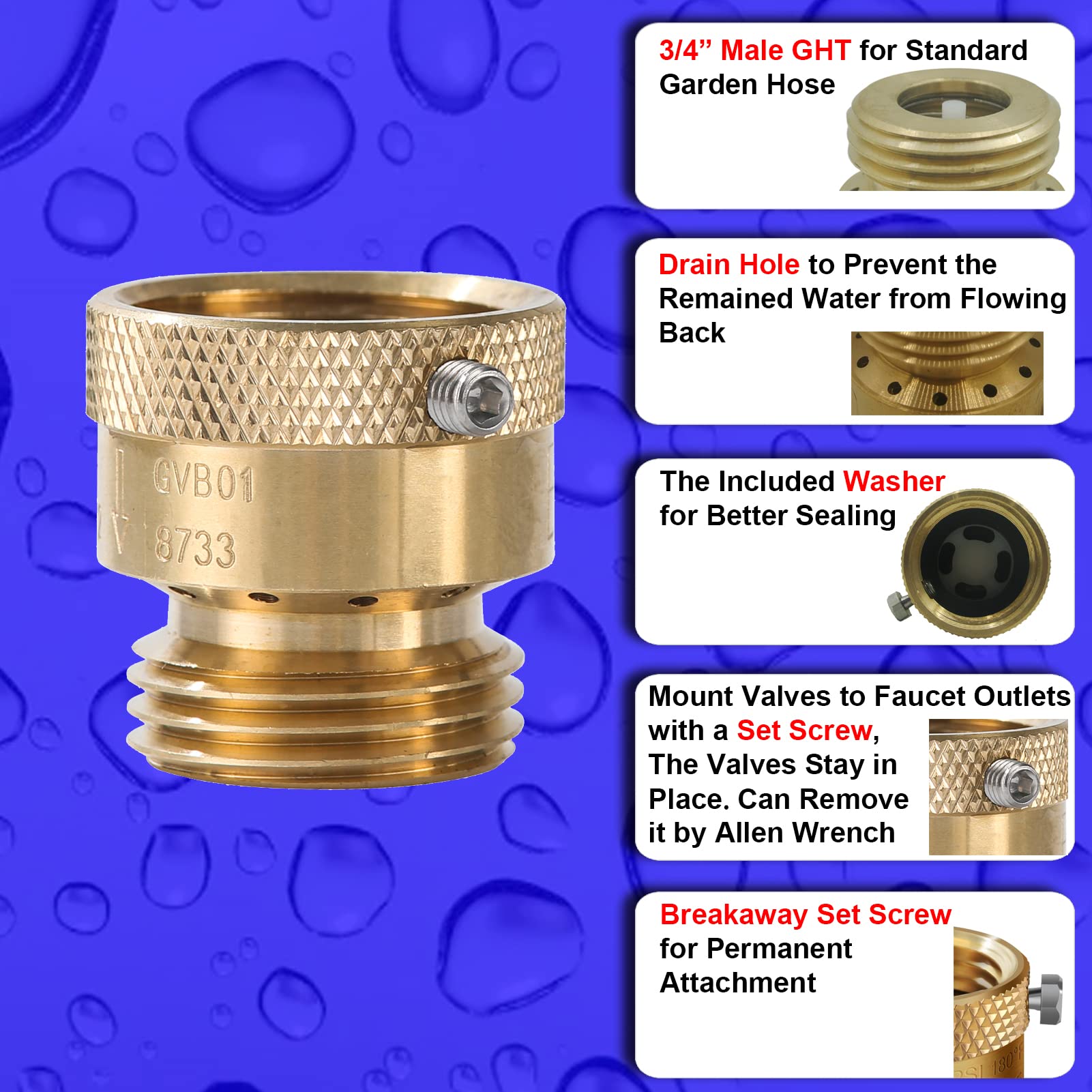 3 Pack SUNROAD Lead-Free Brass 3/4" Inch MHT Hose Bibb Connector Backflow Preventer Vacuum Breaker,Check Valve For Garden Spigot RV Hose Connection,Anti-Siphon Fitting with extra set screws