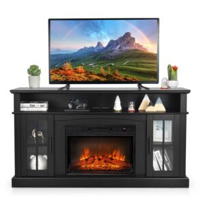 costway electric fireplace tv stand for tvs up to 65 inches, 1400w heater insert with remote control, 6h timer, 3-level flame, overheat protection and csa certification, adjustable shelves, black