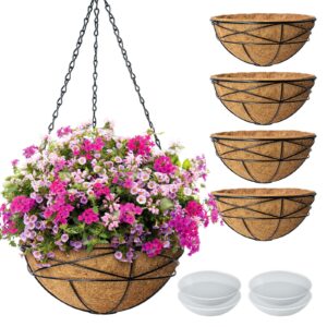 karlliu 4 pack 12 inch hanging planters for outdoor plants metal watering flower baskets with coco liner for hanging pot round plant holders planter for outside garden decoration