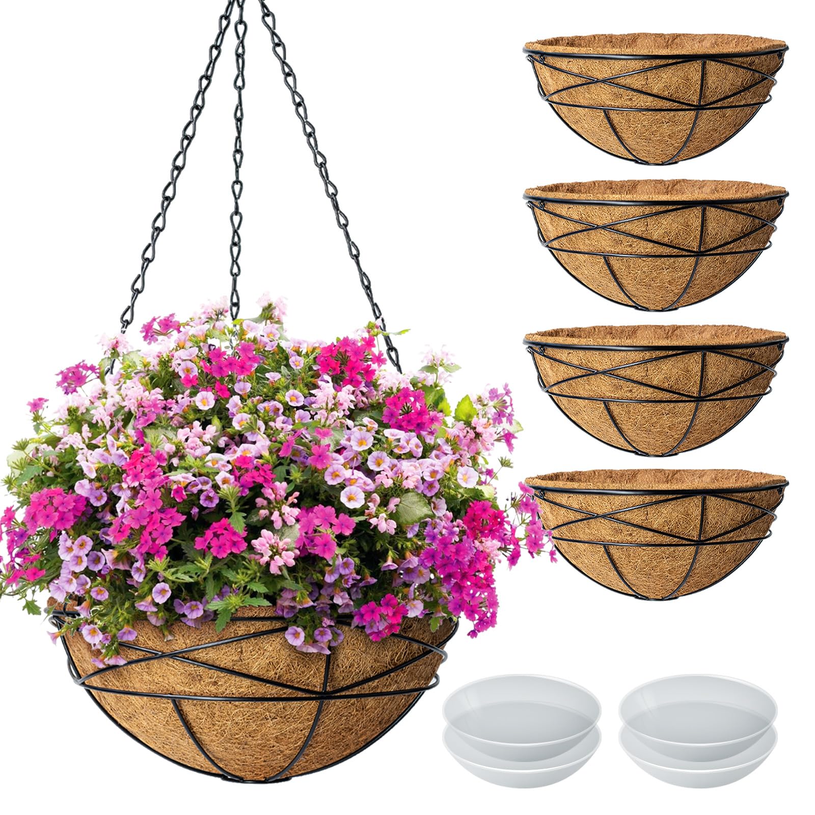 Karlliu 4 Pack 12 Inch Hanging Planters for Outdoor Plants Metal Watering Flower Baskets with Coco Liner for Hanging Pot Round Plant Holders Planter for Outside Garden Decoration