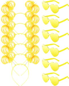 12 pcs tinsel wrapped ponytails headband with heart shape sunglasses costume party faux feather headwear bopper for festival(yellow)