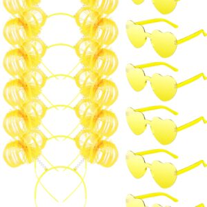 12 Pcs Tinsel Wrapped Ponytails Headband with Heart Shape Sunglasses Costume Party Faux Feather Headwear Bopper for Festival(Yellow)