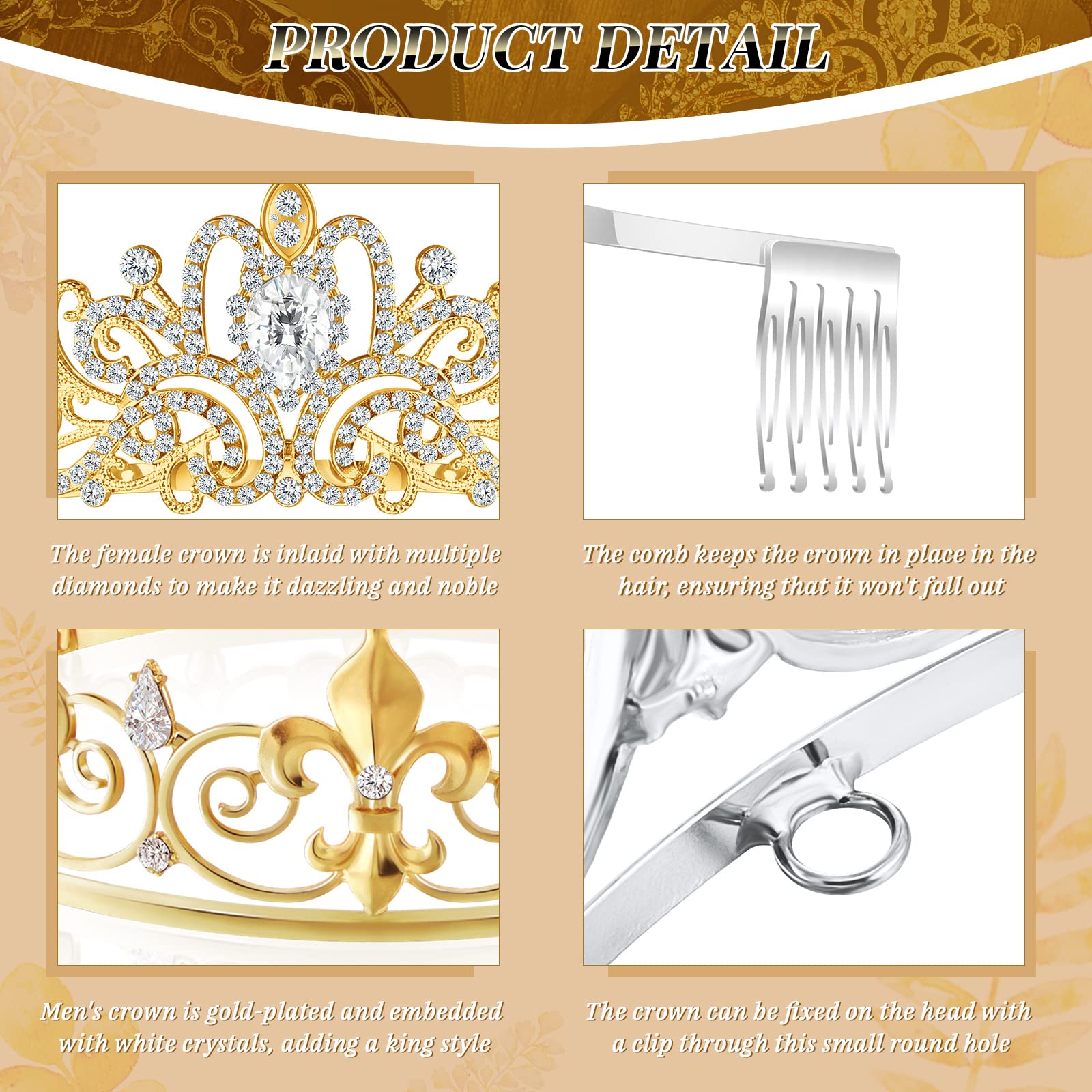 Juexica 6 Pieces Prom King Crown Metal Baroque King and Queen Prince Princess Crystal Headband Tiara Crown Wedding Bridal Accessories for Women Men(Gold, Silver, Elegant Style)