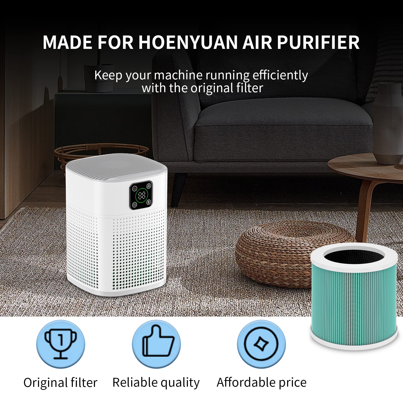 Honeyuan Air Purifier Filter, Genuine Filter, 3-in-1 True HEPA Filter, Air Purifier Replacement Filter for Pet Bedroom Smell