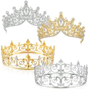 henoyso 4 pcs prom king and queen crowns for men women king queen tiara crystal headband homecoming costume party favor(gold, silver, exquisite)