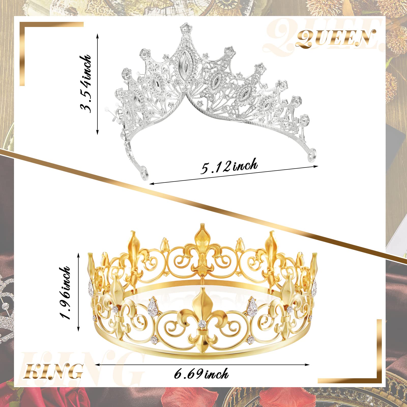 Henoyso 4 Pcs Prom King and Queen Crowns for Men Women King Queen Tiara Crystal Headband Homecoming Costume Party Favor(Gold, Silver, Exquisite)