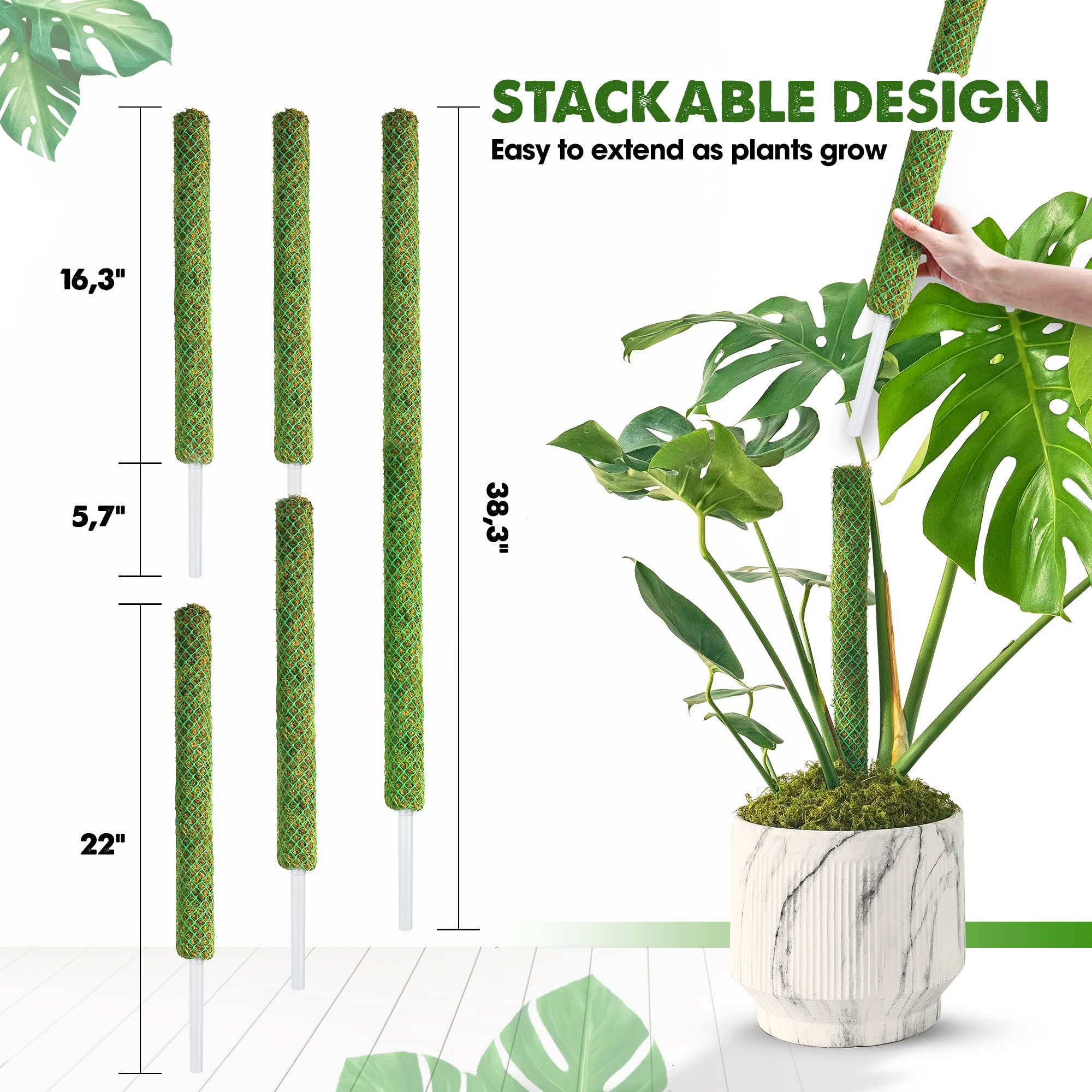 Duspro Green Stackable Mesh Moss Pole For Plants Climbing Vine Supporting Monstera Trellis, For Indoor Plants Extendable Plant Pole Moss Sticks, For Plants Monstera Potted Plant Stakes 2 pcs 22''