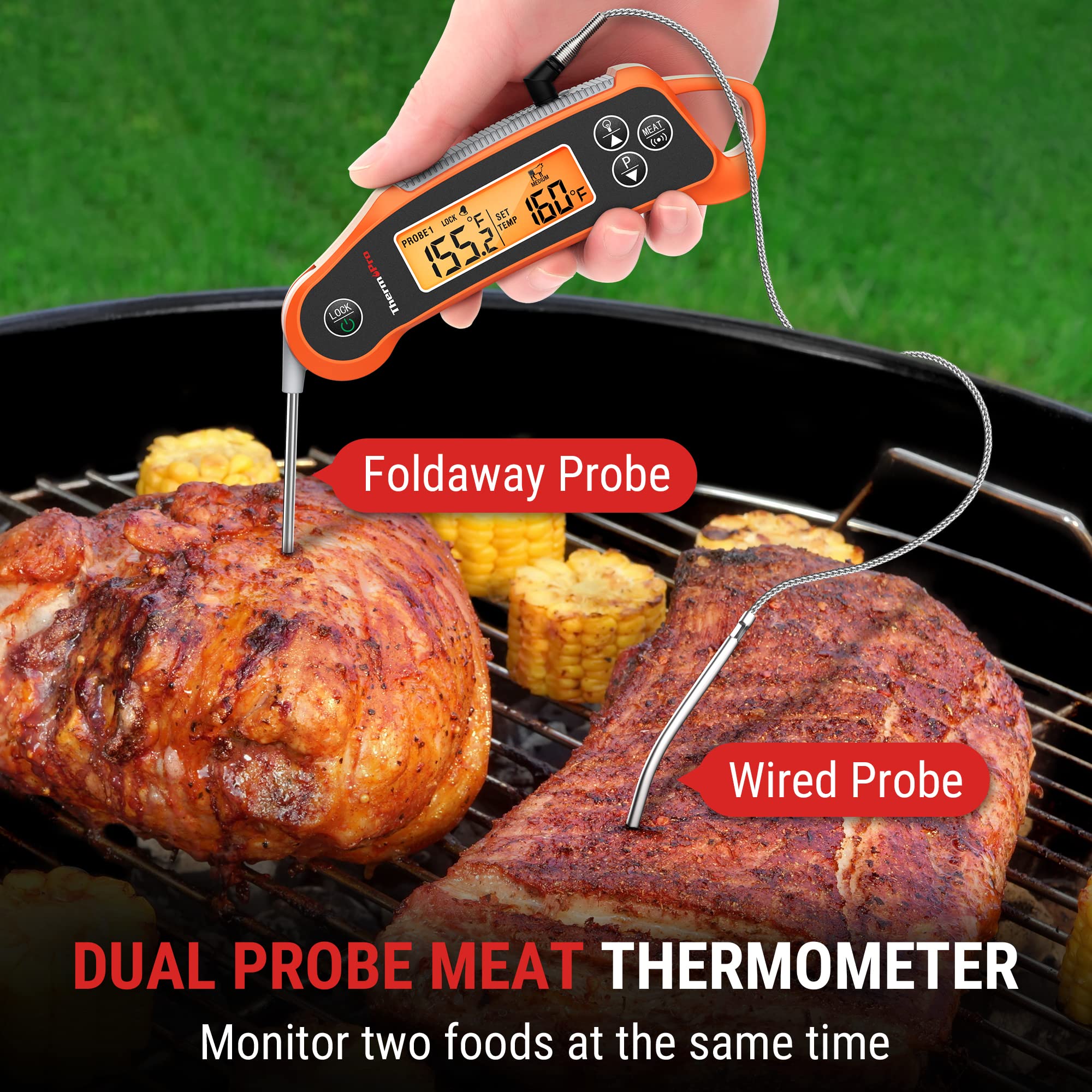 ThermoPro TP710 Instant Read Meat Thermometer Digital for Cooking, 2-in-1 Waterproof Kitchen Food Thermometer with Dual Probes and Dual Temperature Display for Oven, Grilling, Smoker & BBQ