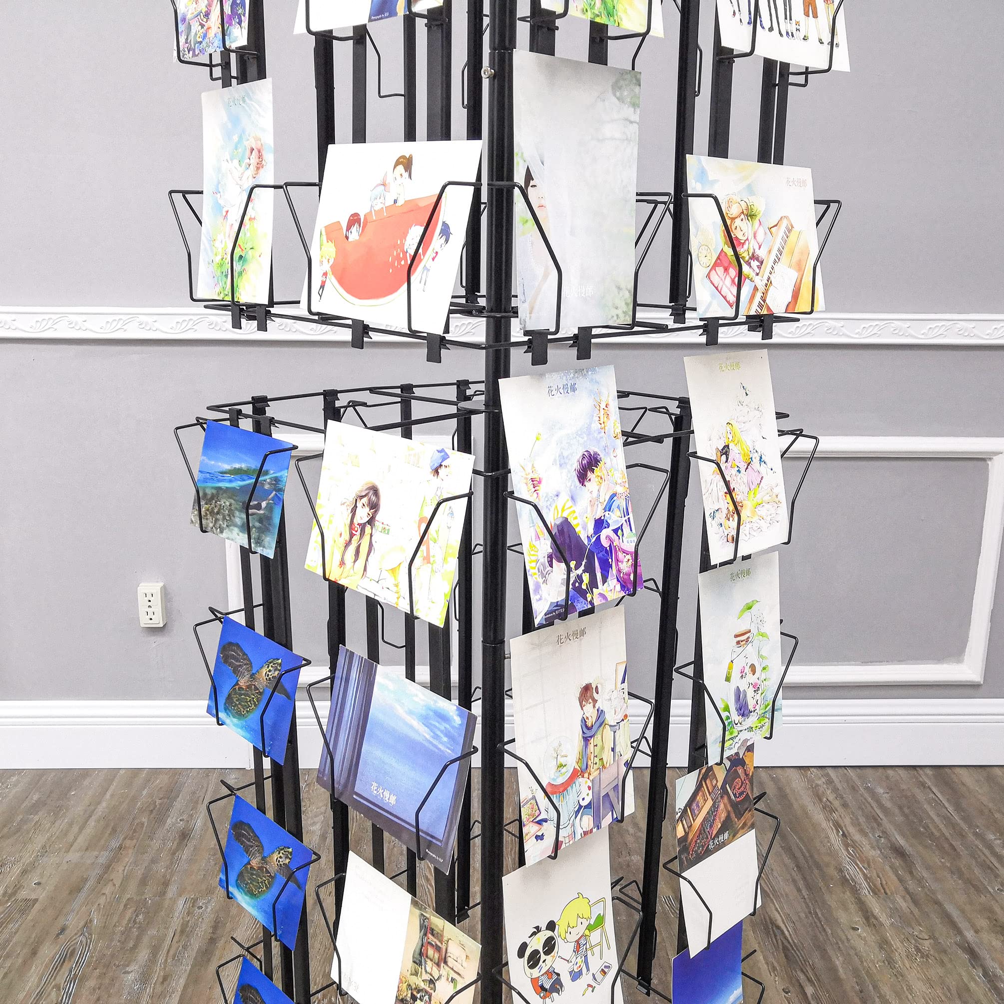 64 Adjustable Pockets Display Rack 5x7 7x5 up to 9.3" Wide X 8" Tall Cards, 1.27" deep Pockets, Double Tier Greeting Post Card Christmas Holiday Spinning Rack Stand Black 11603-L-BLK-NPF-SL