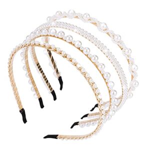 aco-uint pearl headbands 4 pack - white faux pearl bridal hair hoops, cute party and wedding hair accessories for women and girls