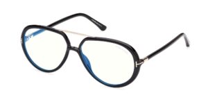 eyeglasses tom ford ft 5838 -b 001 shiny black,"t" logo/blue block lenses