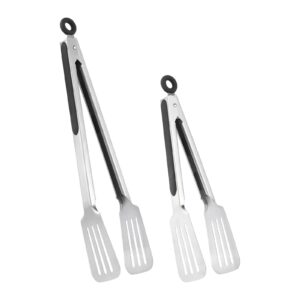 lebabo metal tongs for cooking, set of 2 stainless steel spatula tongs for grilling, cooking and flipping, strong grip for ribs, steak and fish, comfortable grip, easy pull lock, 9 inch & 12 inch