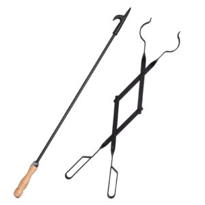 heavy duty 32” long fireplace fire pit campfire poker stick and 26” fireplace tongs tool sets, log grabber, rust resistant black finish camping fireplace tools for indoor/outdoor