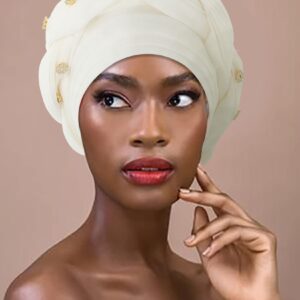 Woeoe Women African Turban Pre-Tied Twisted Beanie Cap Headwear Rhinestone Soft Stretchy Head Turbans (White)