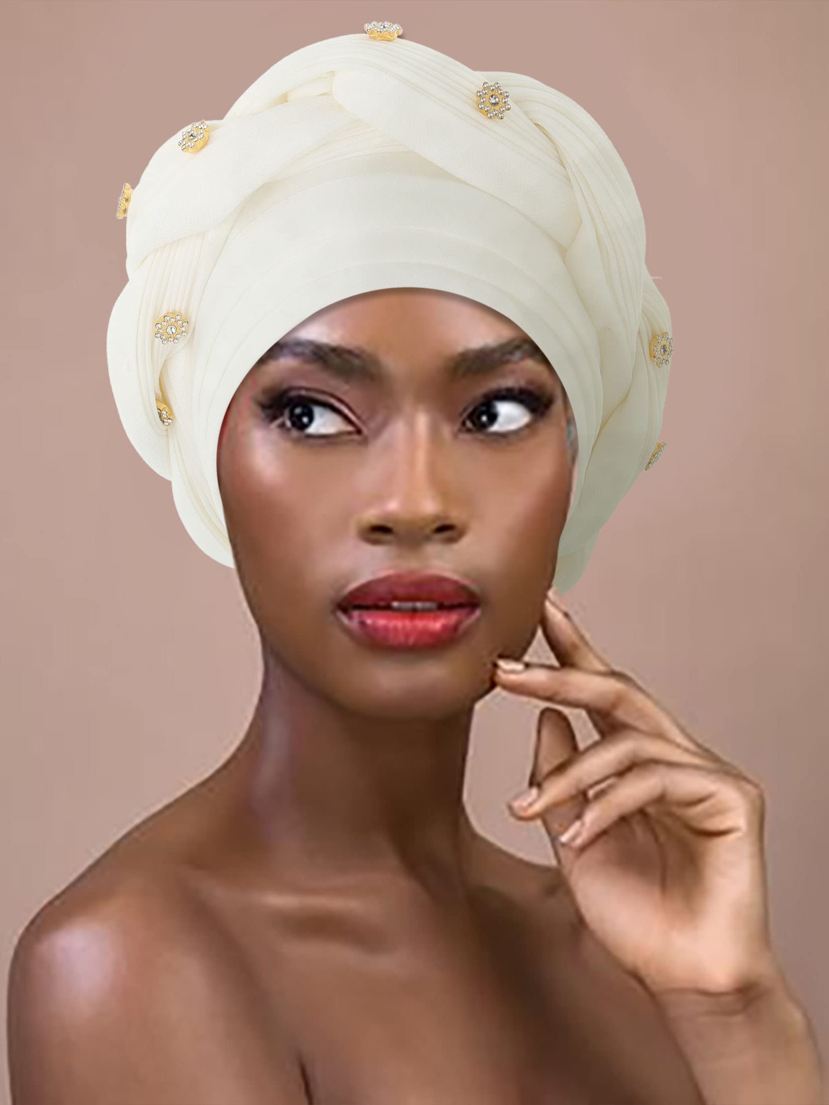 Woeoe Women African Turban Pre-Tied Twisted Beanie Cap Headwear Rhinestone Soft Stretchy Head Turbans (White)