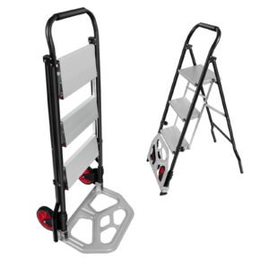 2 in 1 aluminum hand truck & ladder 3 step ladder step stool for adults with wide anti-slip pedal and 6’’ rubber wheels, 330lbs capacity sturdy steel ladder portable steel step stool dolly