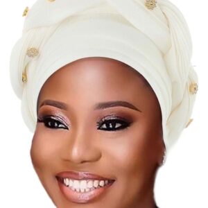 Woeoe Women African Turban Pre-Tied Twisted Beanie Cap Headwear Rhinestone Soft Stretchy Head Turbans (White)