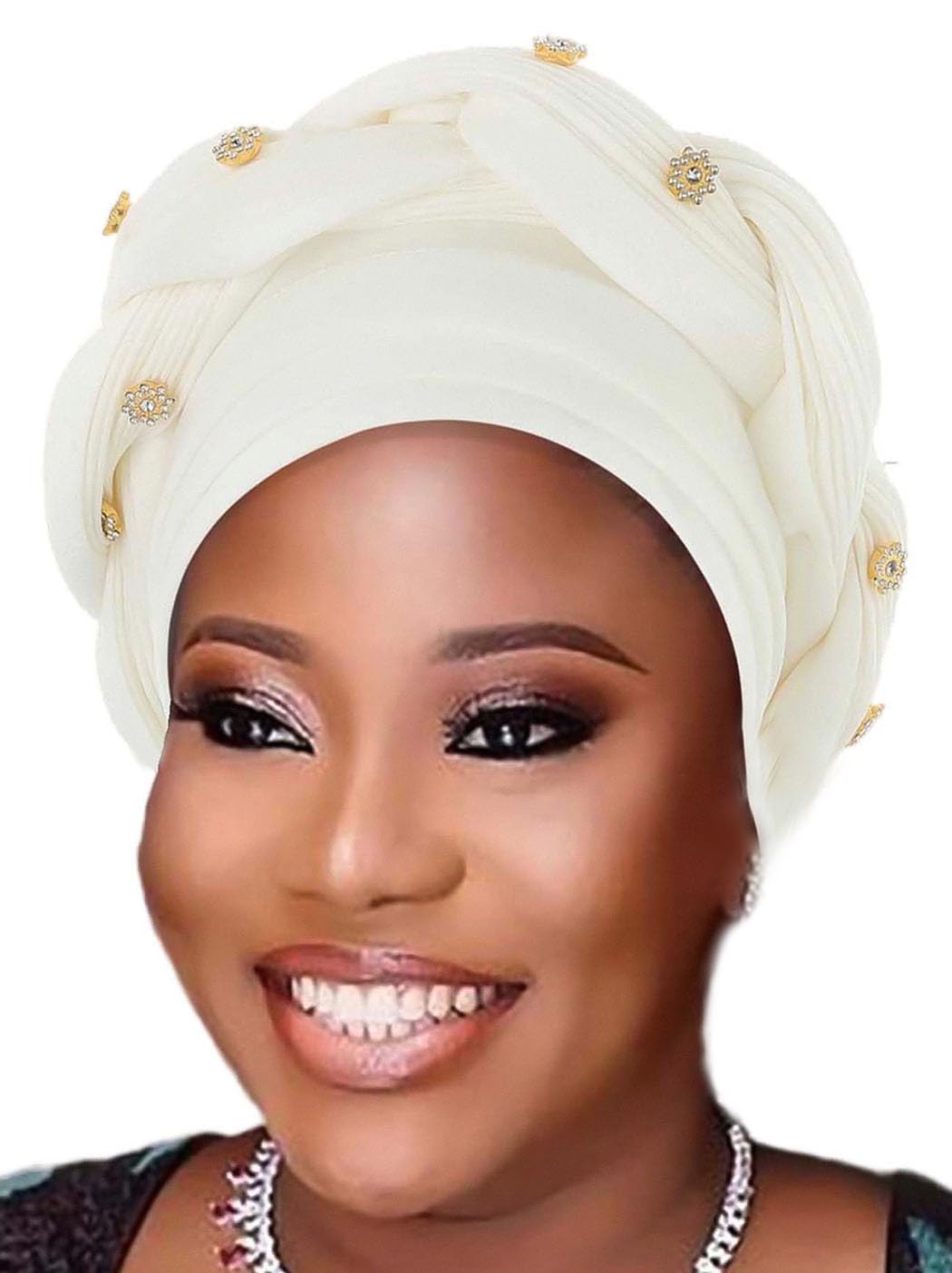 Woeoe Women African Turban Pre-Tied Twisted Beanie Cap Headwear Rhinestone Soft Stretchy Head Turbans (White)