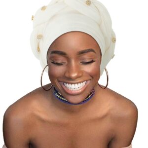 Woeoe Women African Turban Pre-Tied Twisted Beanie Cap Headwear Rhinestone Soft Stretchy Head Turbans (White)