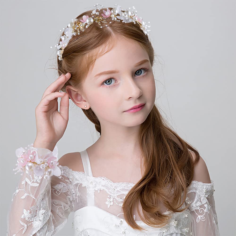 2 Pieces Wedding Flower Headpieces for Girls, Flower Girl Hair Accessories for Wedding Rhinestones Flower Headband Fairy Pearl Flower Crown for Girls Bridal Crystal Flower Tiara for Women