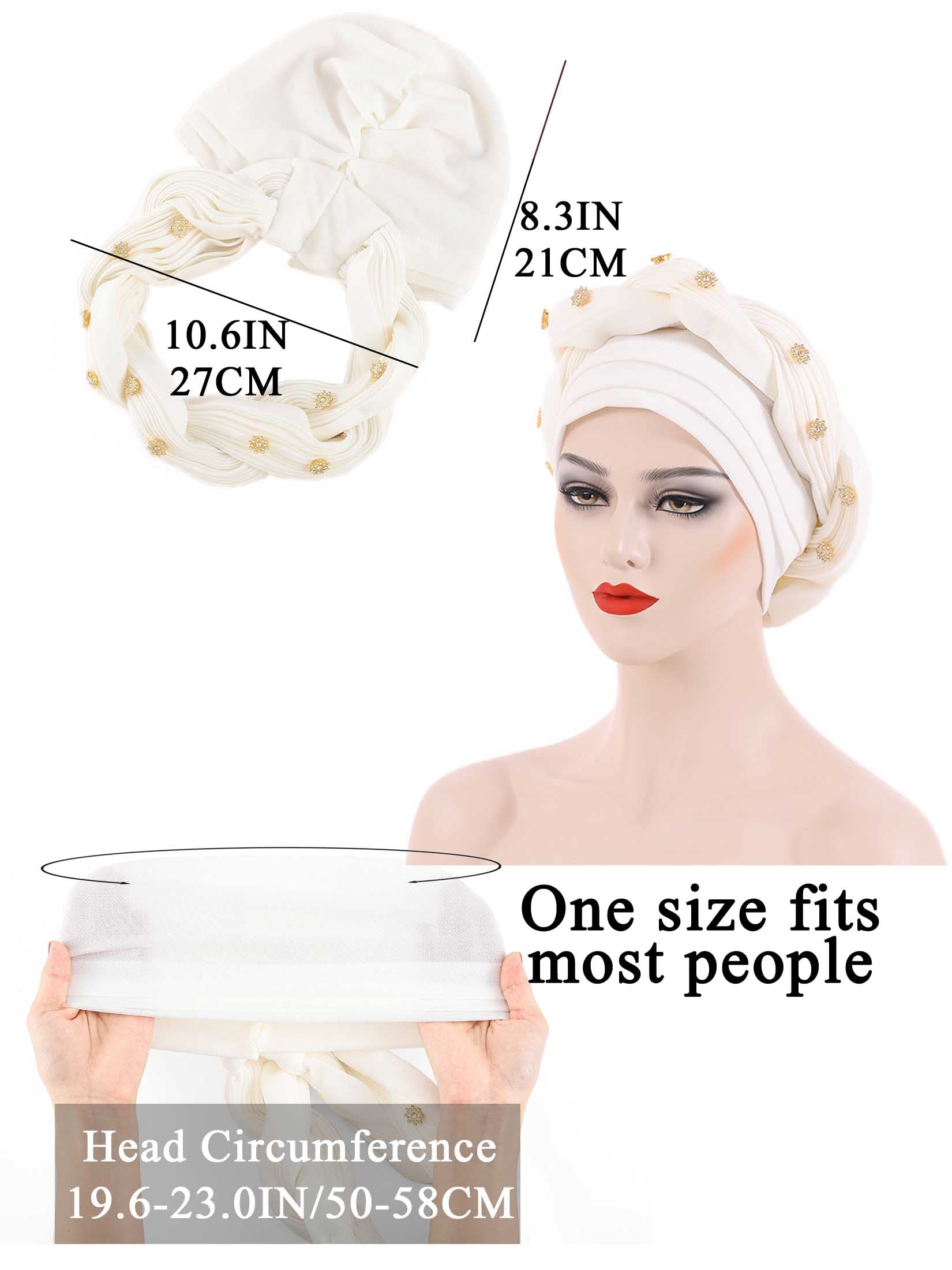 Woeoe Women African Turban Pre-Tied Twisted Beanie Cap Headwear Rhinestone Soft Stretchy Head Turbans (White)