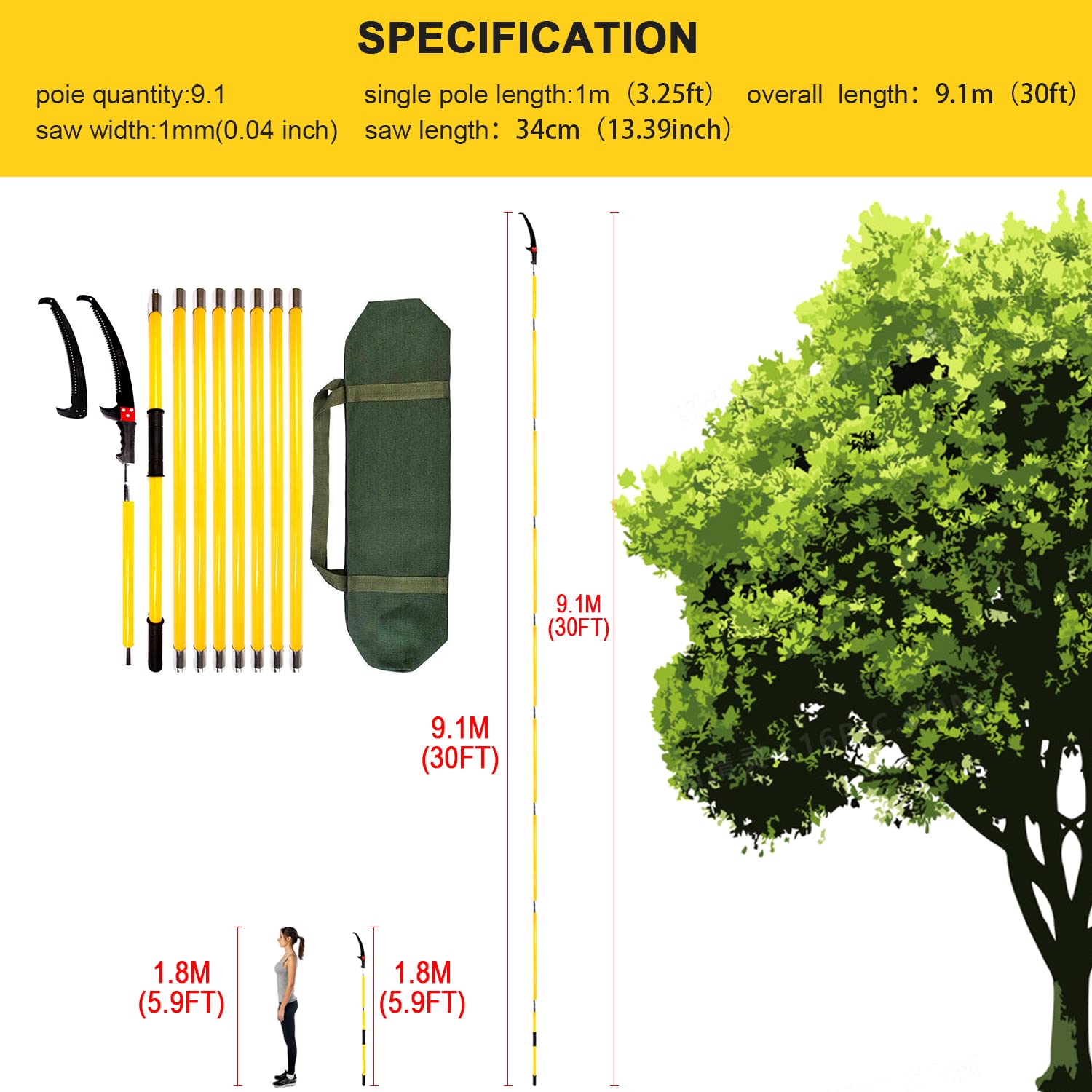 30 Feet Tree Pole Pruner, Durable Tree Trimmers Handle, Manual Branches Trimmer for Garden Tools Loppers Hand Pole Saws Extendable Height with Knives and Storage Pocket