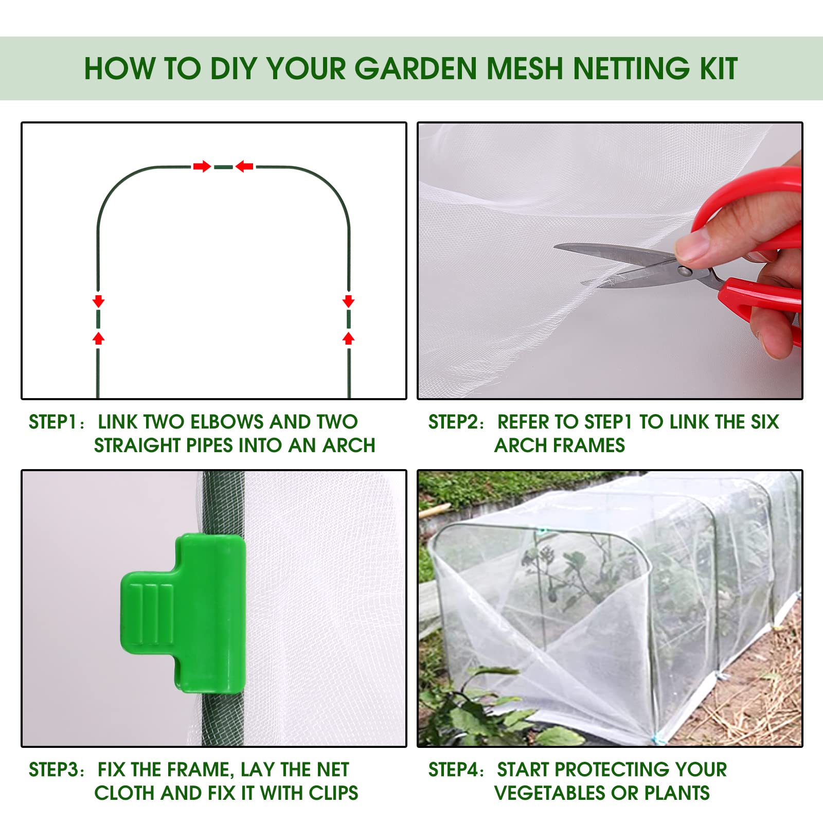 Garden Mesh Netting Kit, Plant Covers 10x30ft Ultra Fine Mesh Netting with 6 Sets Garden Hoops ＆12 Clips, Bird Netting Protection for Fruit Vegetable Flowers Animals Greenhouse Cover