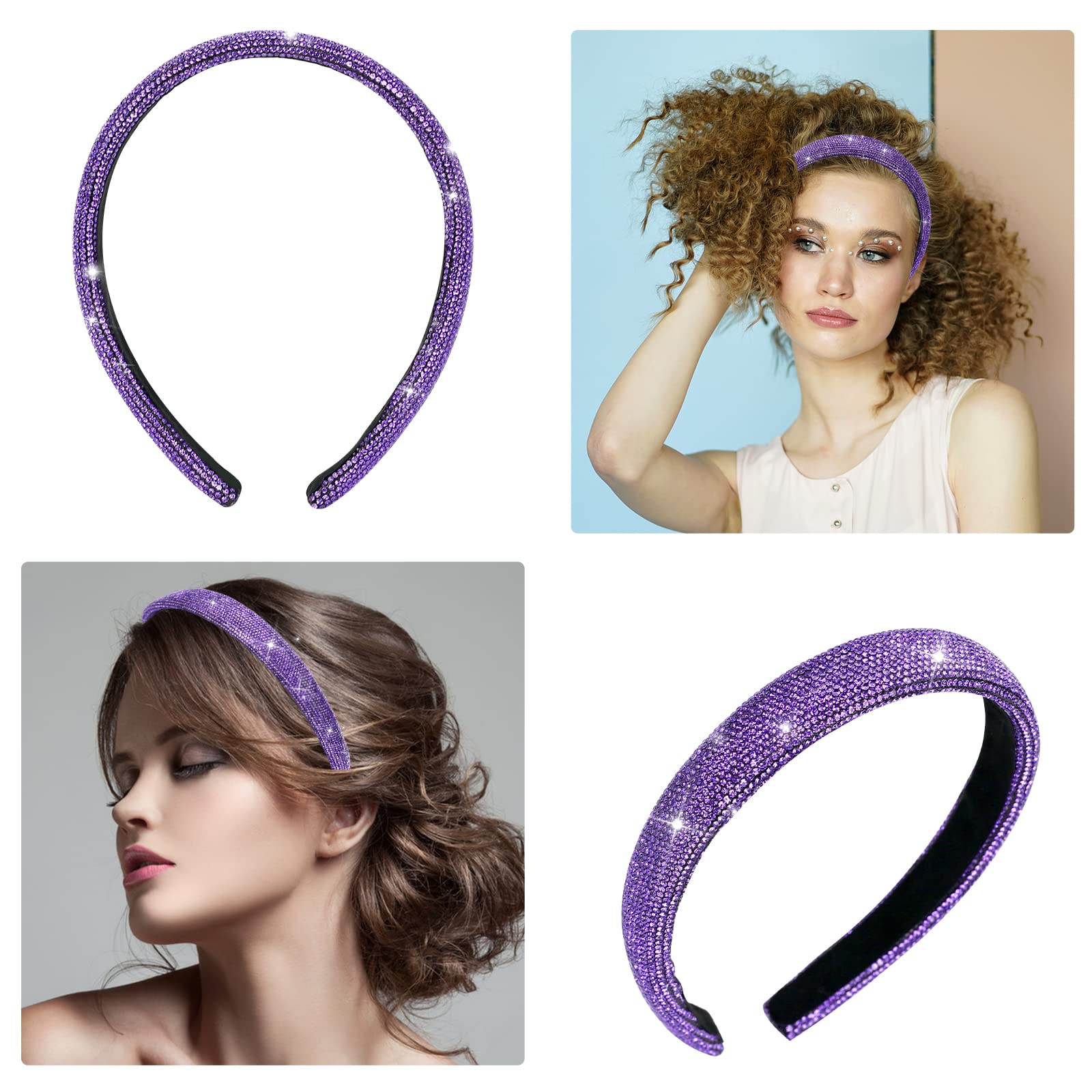 Vin Beauty Rhinestone Headband Glitter Non-Slip Wide Headband Solid Hair Band Purple Cute Hairbands Bridal Hair Hoop Wedding Hair Styling Accessories for Women Girls