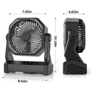 Gewanolla Camping Fan with LED Light, 20000mAh Rechargeable Battery Operated Camp Fan with Hook, 270° Pivot, 4 Speeds, USB Table Fan for Camping, Fishing, Power Outage, Barbecue, Jobsite