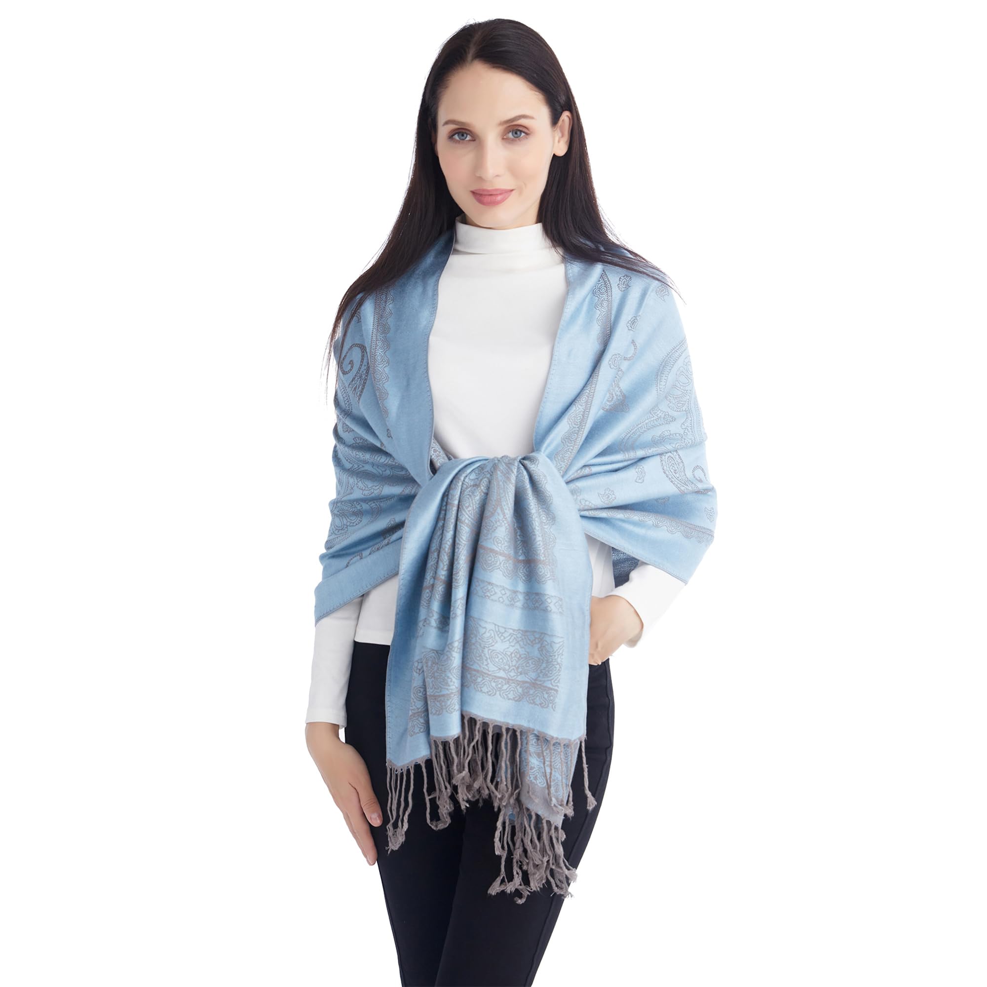 Ciormis Shawl Wraps for Women, Silky Jacquard Paisley Pashmina Scarves for Bridal Formal Dresses（US-Light Blue）