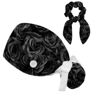 adjustable black roses scrub cap, working hat hair cover with ponytail pouch, soft bouffant surgical nurse cap