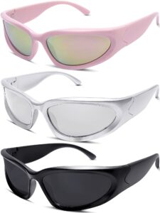 knliwkm 3 pairs oval sporty wrap around sunglasses y2k futuristic glasses shades for women men trendy fashion silver