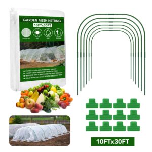 garden mesh netting kit, plant covers 10x30ft ultra fine mesh netting with 6 sets garden hoops ＆12 clips, bird netting protection for fruit vegetable flowers animals greenhouse cover