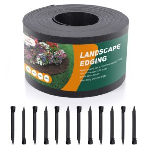 black plastic garden landscape edging, 5” tall border coil, flexible and strengthened with anti-uv treatment (40ft with 12pcs stakes)