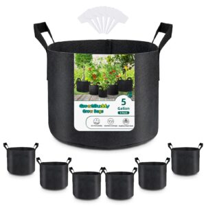 greatbuddy 5 gallon grow bags 6-pack, thick fabric pots for plants, sturdy handles & reinforced stitching, labels included, black