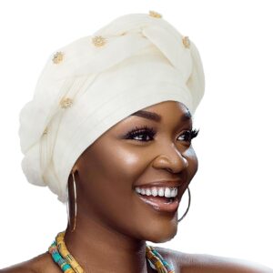 Woeoe Women African Turban Pre-Tied Twisted Beanie Cap Headwear Rhinestone Soft Stretchy Head Turbans (White)