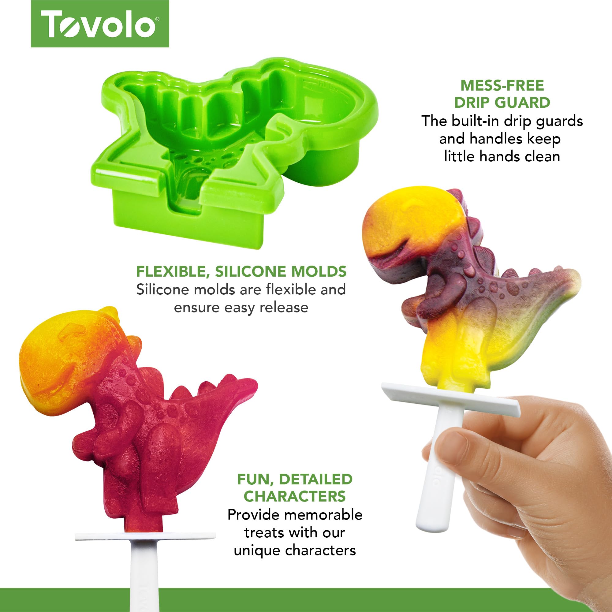 Tovolo Silicone Popsicle Molds with Sticks (4-Pack, Dino) - Reusable Ice Pop Molds for Homemade Flavored Ice Pops & Frozen Snacks - Stackable Popsicle Maker with Lid, Dishwasher Safe & BPA-Free