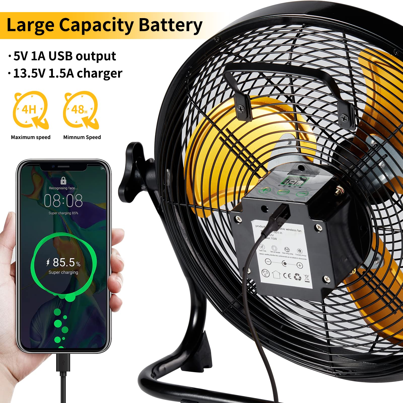 lcocove Battery Operated Solar Fan, Home or Outdoor Portable Fan, Battery Can Running 5-24 Hours, Design For Camping，Hurricane Fan,with USB Output For Emergency Situation Without Electric(black)