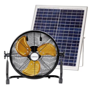 lcocove battery operated solar fan, home or outdoor portable fan, battery can running 5-24 hours, design for camping，hurricane fan,with usb output for emergency situation without electric(black)