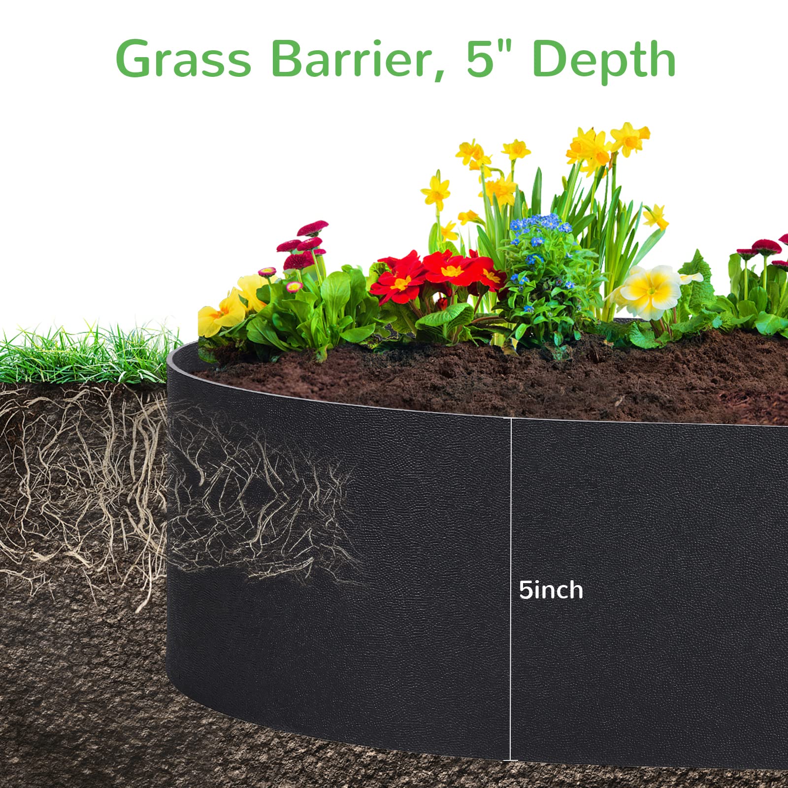 Black Plastic Garden Landscape Edging, 5” Tall Border Coil, Flexible and Strengthened with Anti-UV Treatment (40ft with 12pcs stakes)