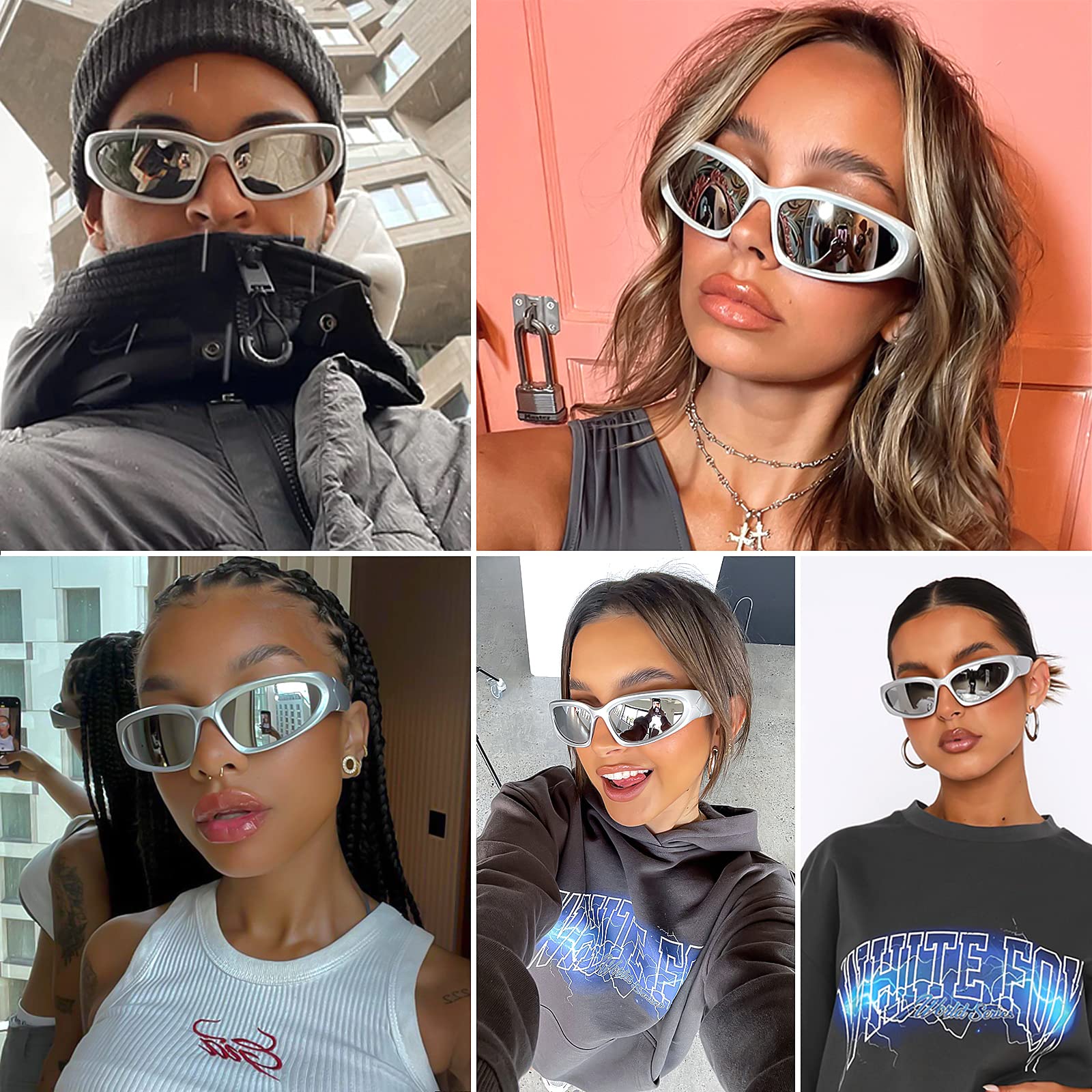 knliwkm 3 Pairs Oval Sporty Wrap Around Sunglasses Y2K Futuristic Glasses Shades for Women Men Trendy Fashion Silver