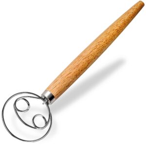 maxjoy danish dough whisk wooden bread whisk with stainless steel dough hook - traditional dutch whisk - dough mixer hand tool & sourdough bread making tools and supplies