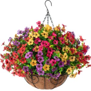 hyeflora artificial faux hanging plants flowers basket for summer outdoor outside decoration, fake silk uv sun resistant look real colorful daisy eucalyptus for porch home patio balcony yard