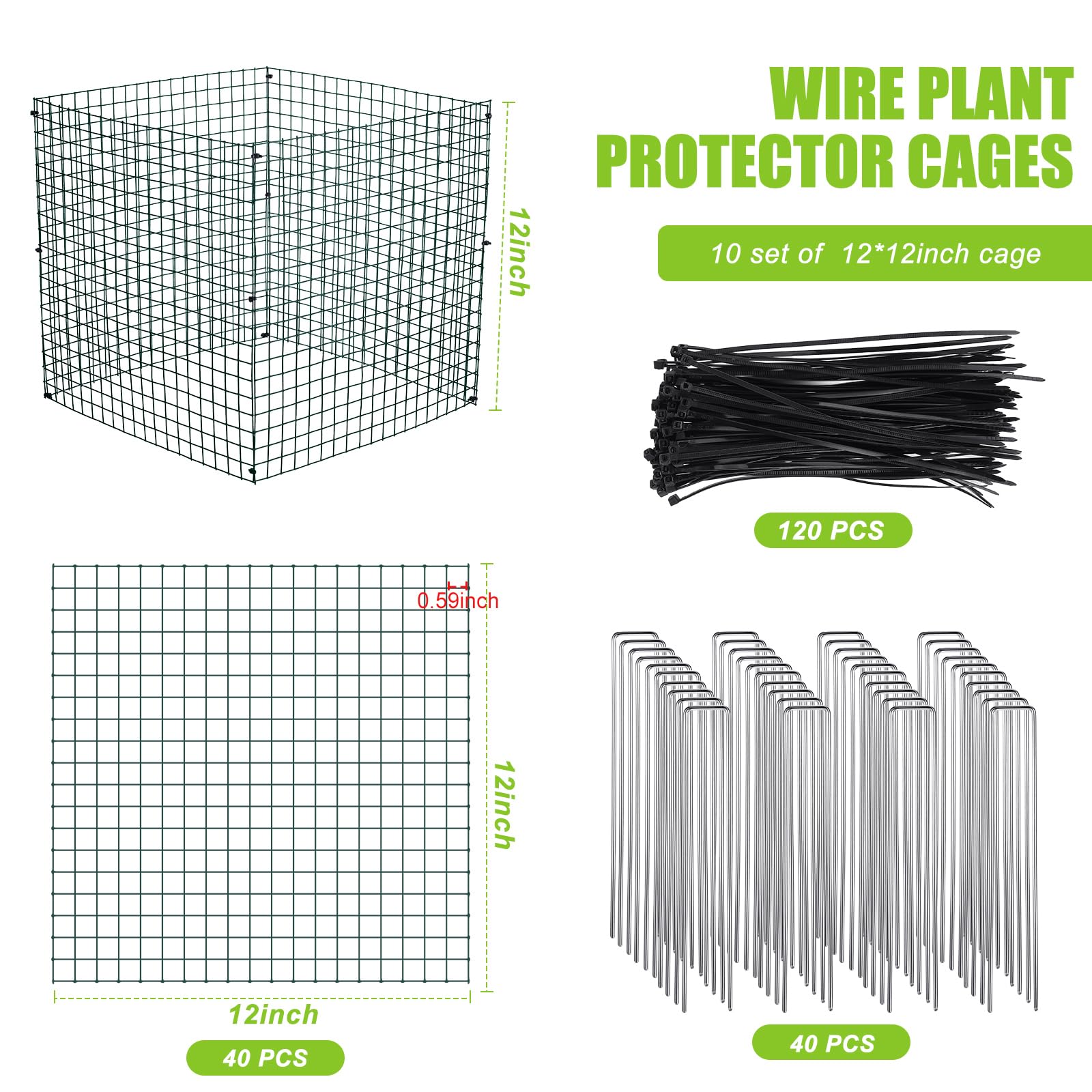 10 Pack Small Wire Plant Protectors 12x12 in Square Plant Protectors from Animals Mesh Plant Cage Chicken Wire Cloche for Plants Shrubs with Ground Stakes and Nylon Ties (Dark Green,Thickness 1mm)