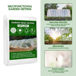 Garden Mesh Netting Kit, Plant Covers 10x30ft Ultra Fine Mesh Netting with 6 Sets Garden Hoops ＆12 Clips, Bird Netting Protection for Fruit Vegetable Flowers Animals Greenhouse Cover