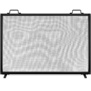 best choice products 38x27in single panel fireplace screen handcrafted steel mesh spark guard for living room, bedroom décor w/handles - black