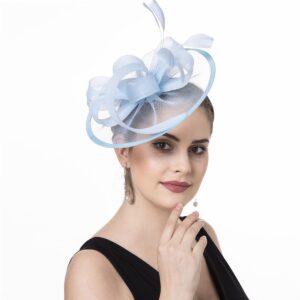 saferin fascinator for women hair clip hat bowler feather flower veil wedding party hat tea hat(sz1-light blue)