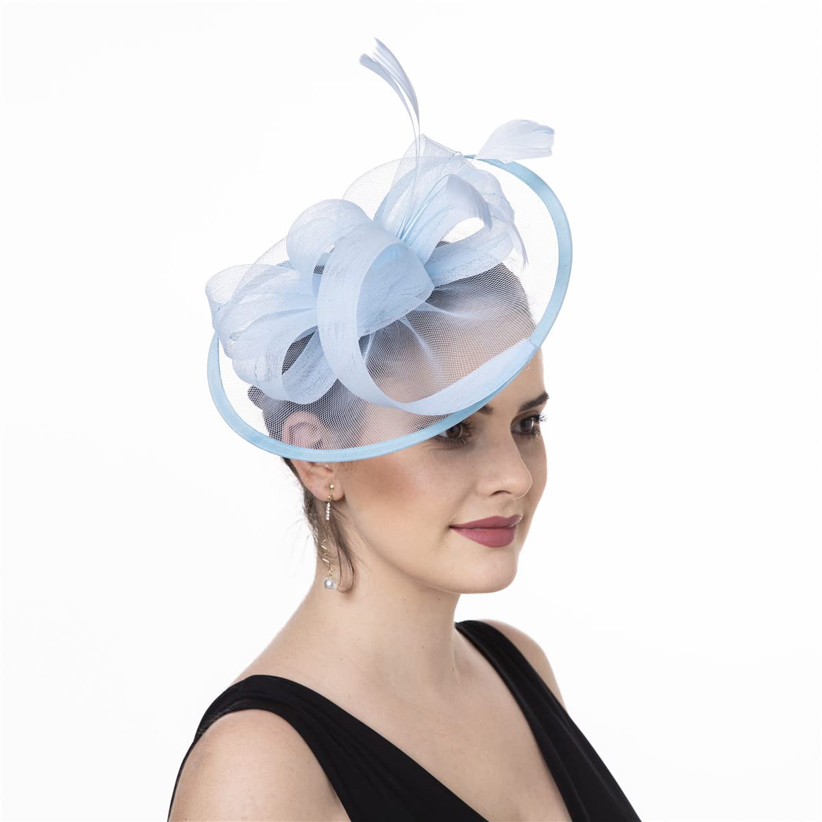 SAFERIN Fascinator for Women Hair Clip Hat Bowler Feather Flower Veil Wedding Party Hat Tea Hat(SZ1-Light Blue)